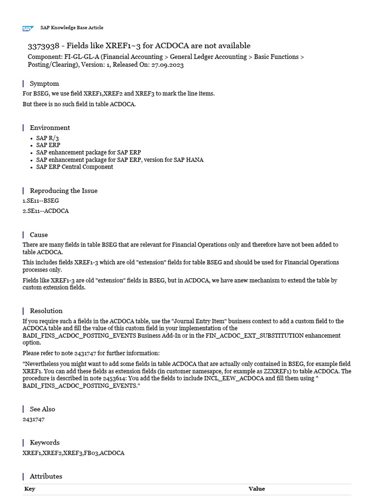 Fields Like XREF1 3 For ACDOCA Are Not Available | PDF