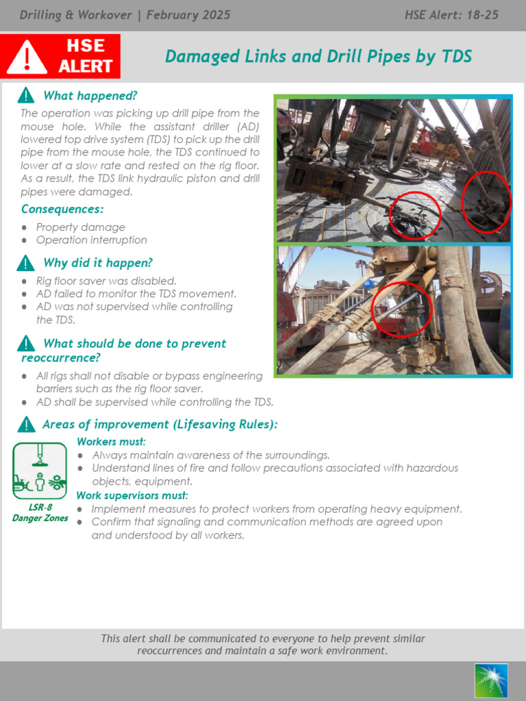 HSE Alert 18-25 - Damaged Links and Drill Pipes by TDS | PDF
