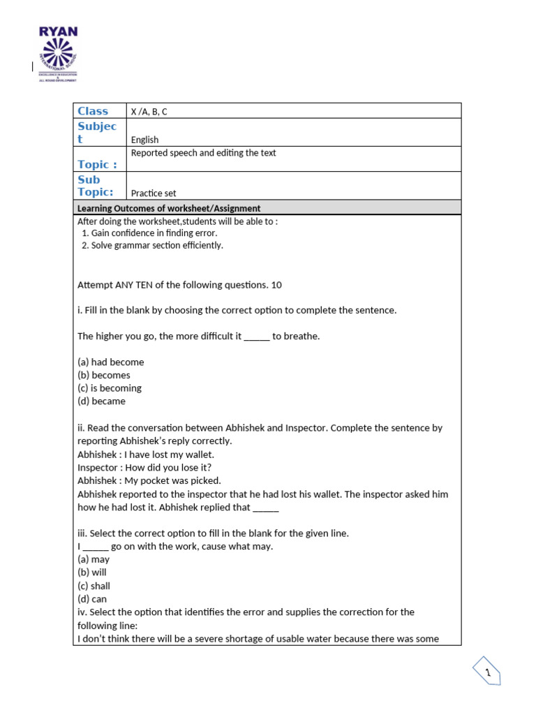 Reported Speech Practice Worksheet | PDF
