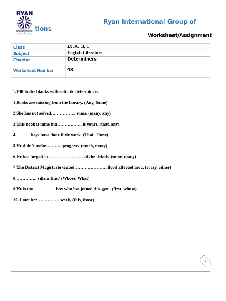 Worksheet 48 IX Determiners_ic739546 | PDF