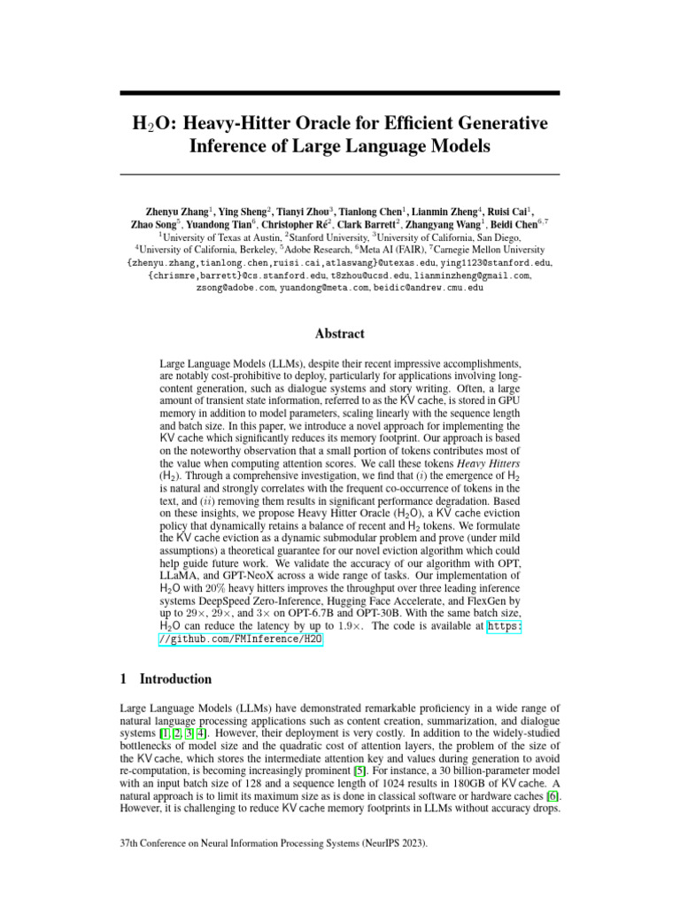 H2O - Heavy-Hitter Oracle For Efficient Generative Inference of Large Language Models | PDF ...