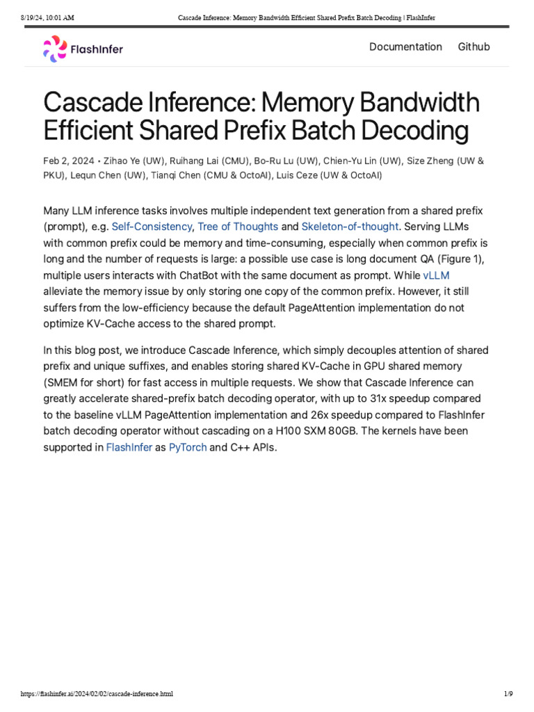 Cascade Inference - Memory Bandwidth Efficient Shared Prefix Batch Decoding | PDF | Cpu Cache ...