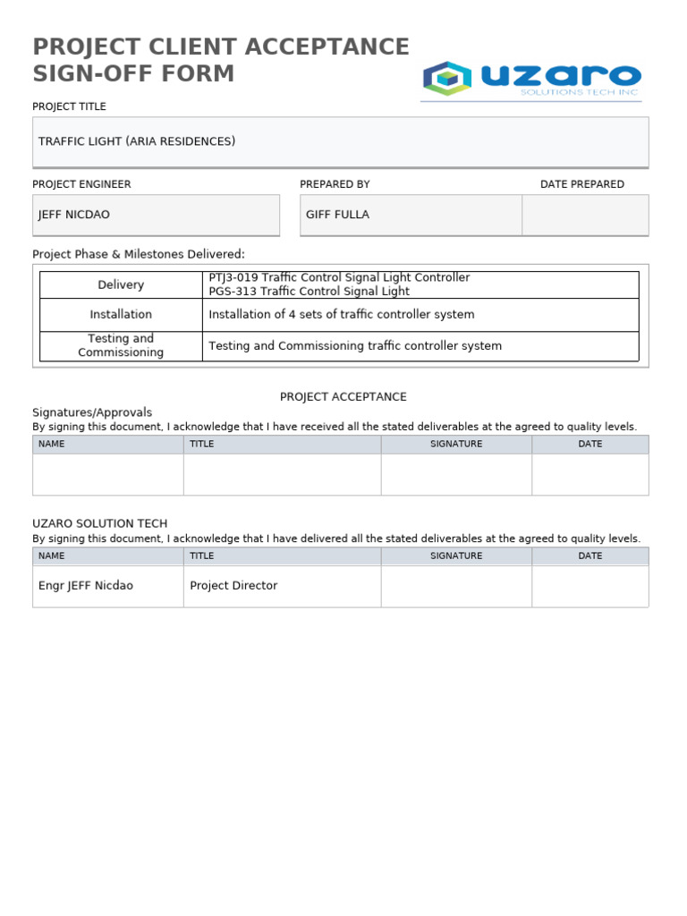 Project Client Acceptance Sign Off Form | PDF