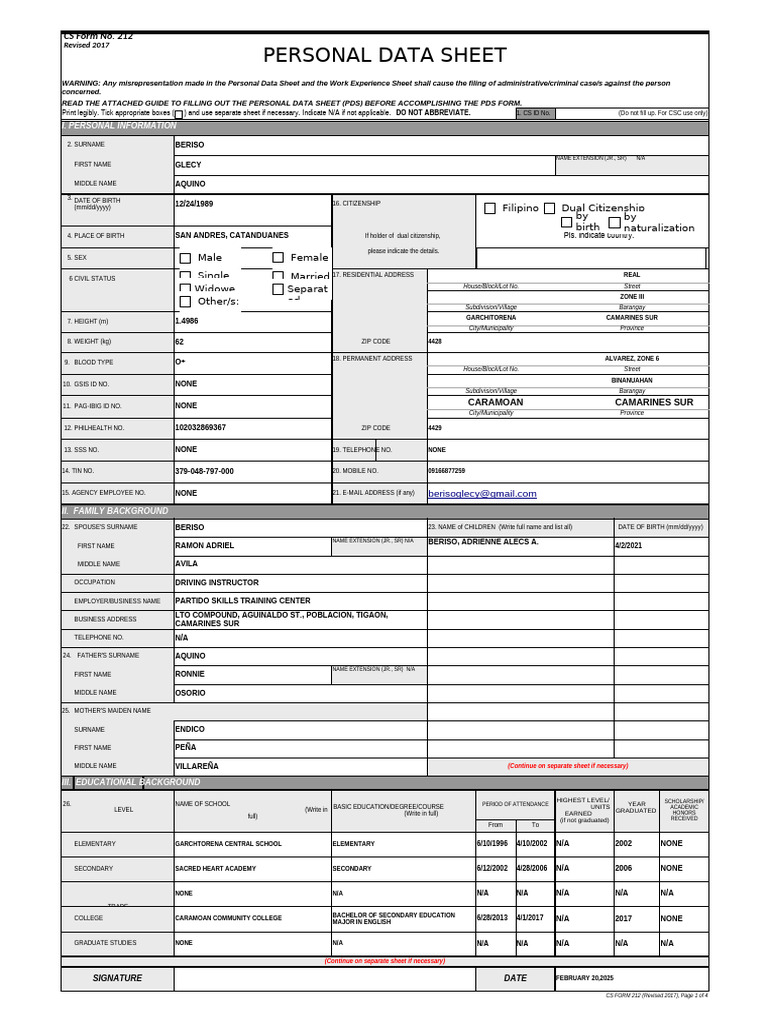 TEACHER1Personal Data Sheet Revised | PDF | Government | Justice
