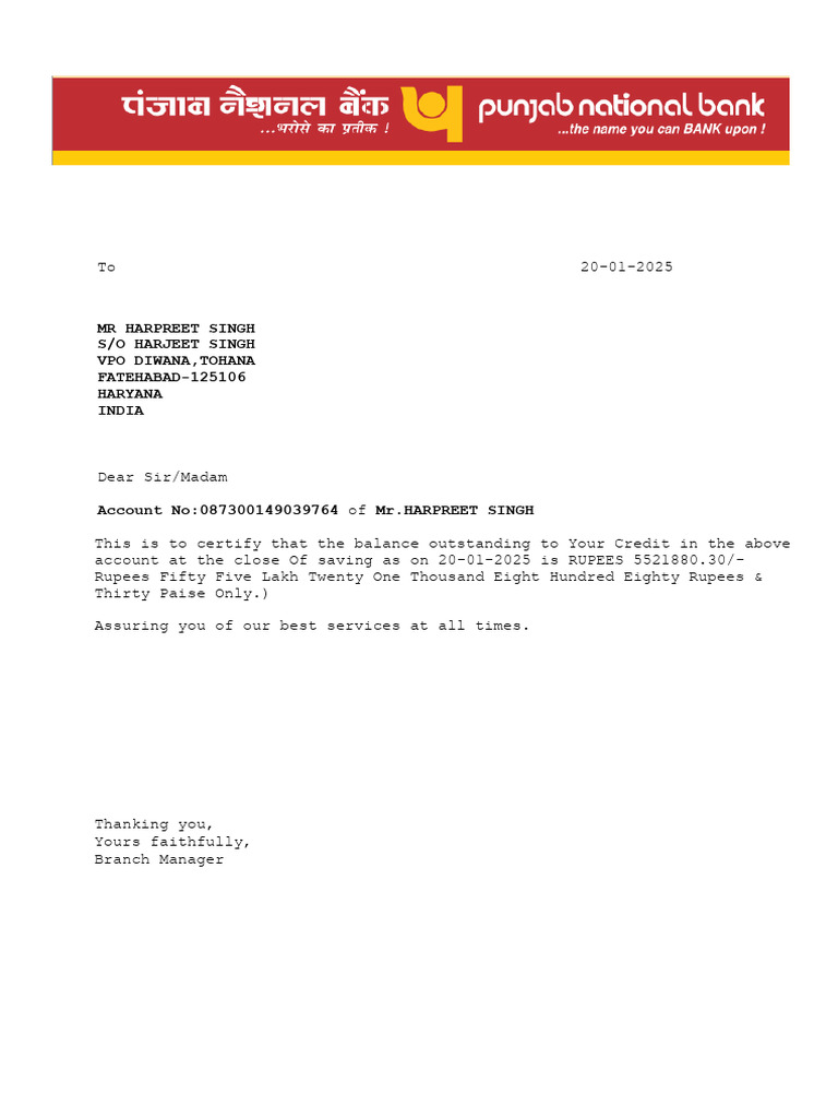 PNB Balance Certificate | PDF