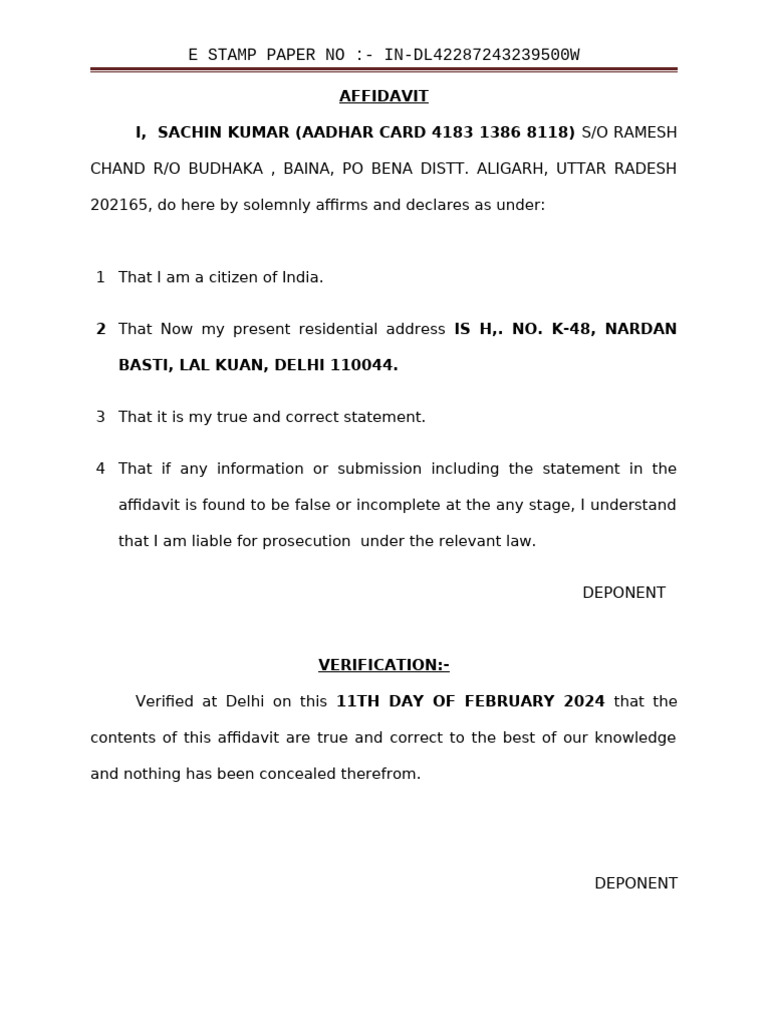 AFFIDAVIT For Local Address | PDF