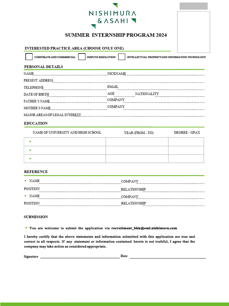 SCL Nishimura and Asahi Internship Application Form 2024 | PDF