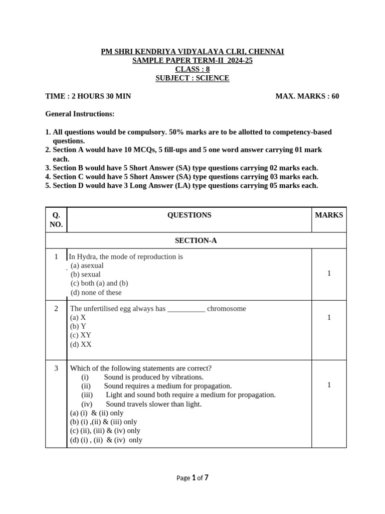 8TH Sci Term-2 Sample Paper | PDF | Fertilisation | Lightning