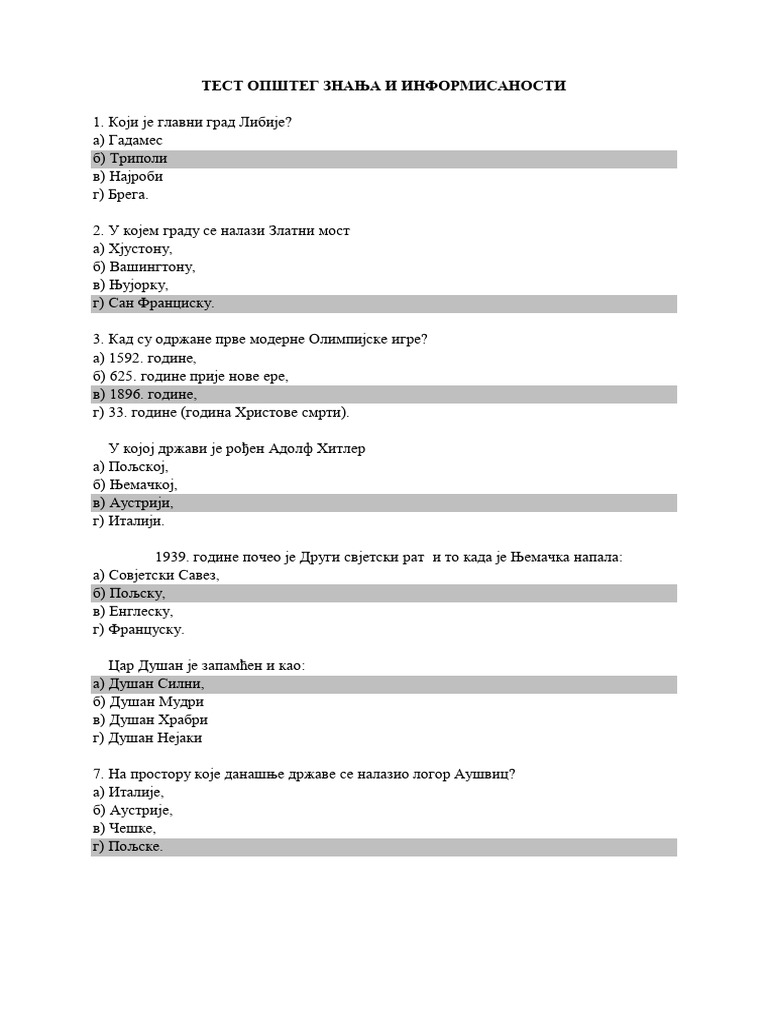 Pitanja Za Test Opšteg Znanja | PDF