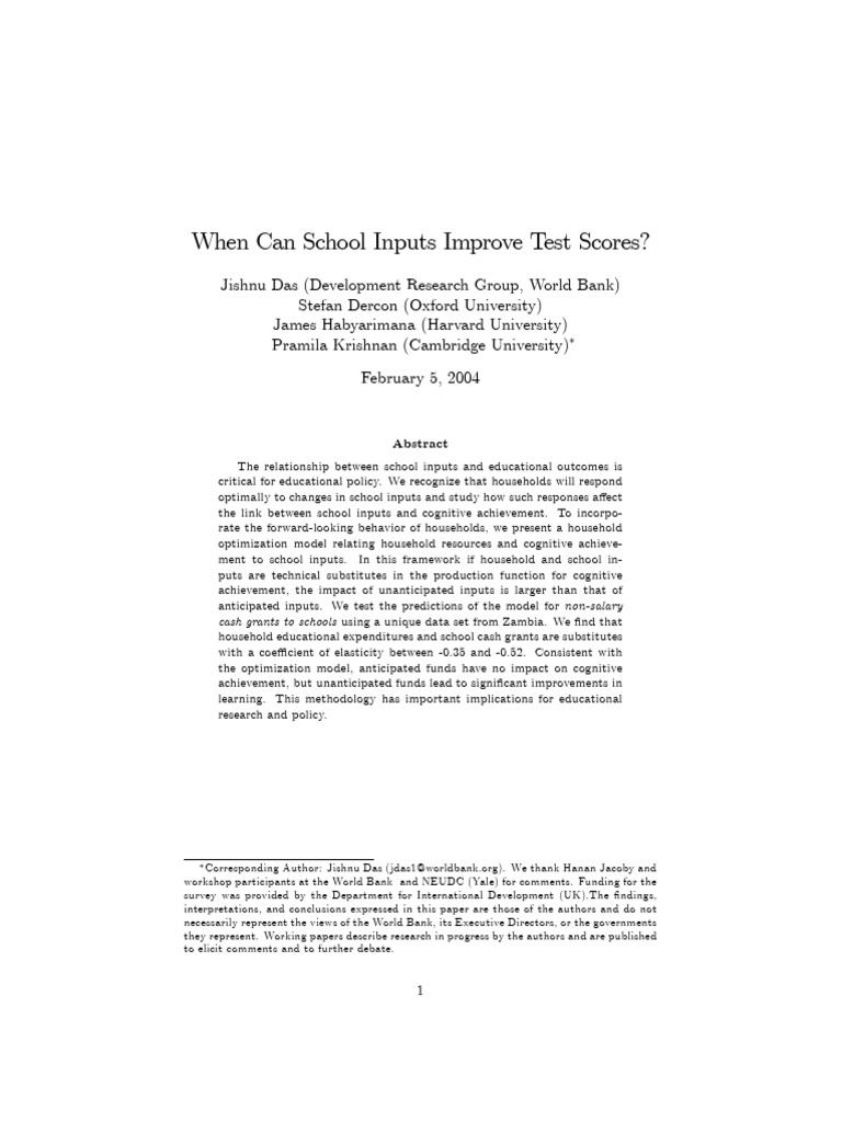 When Can School Inputs Improve Test Scores? | PDF | Production Function ...