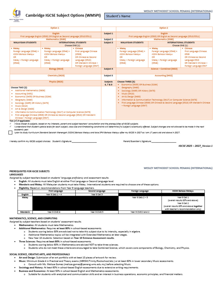 WMSPI IGCSE Subject Options Form - 2025-2027 | PDF | Mathematics ...