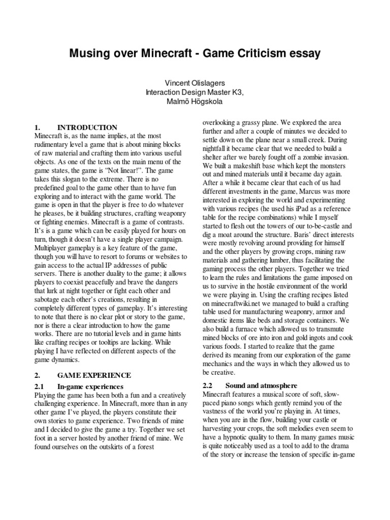 VincentOlislagers - Musing Over Minecraft Game Criticism Essay v2 | PDF ...