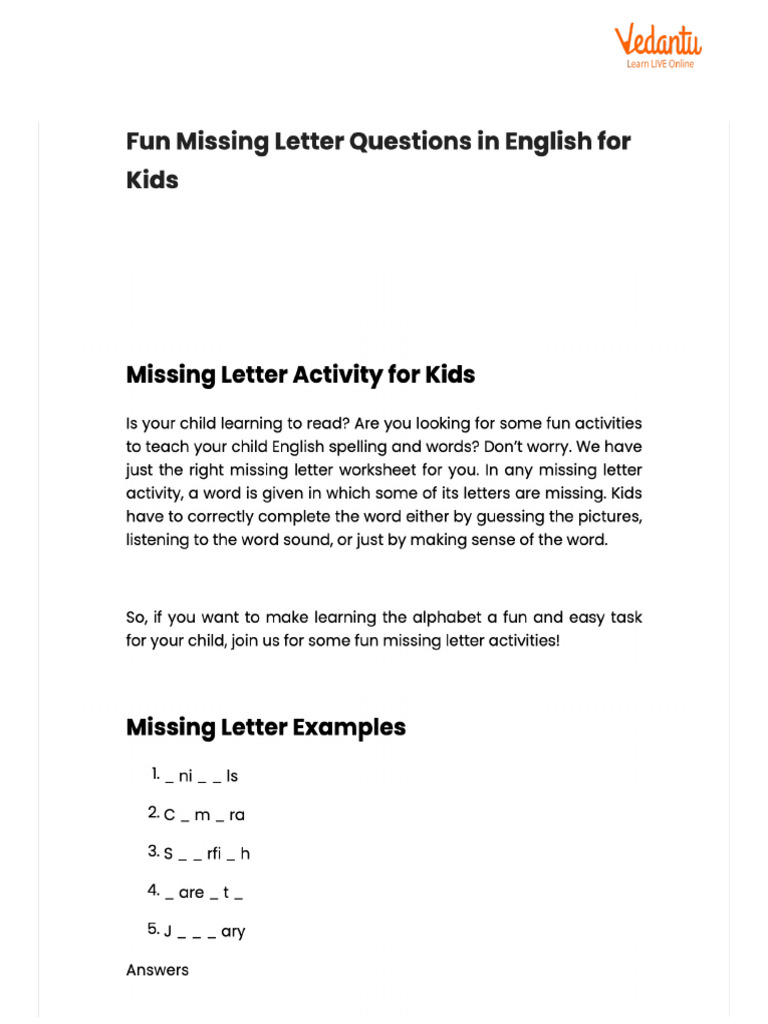 Fun Missing Letter Questions in English For Kids | PDF