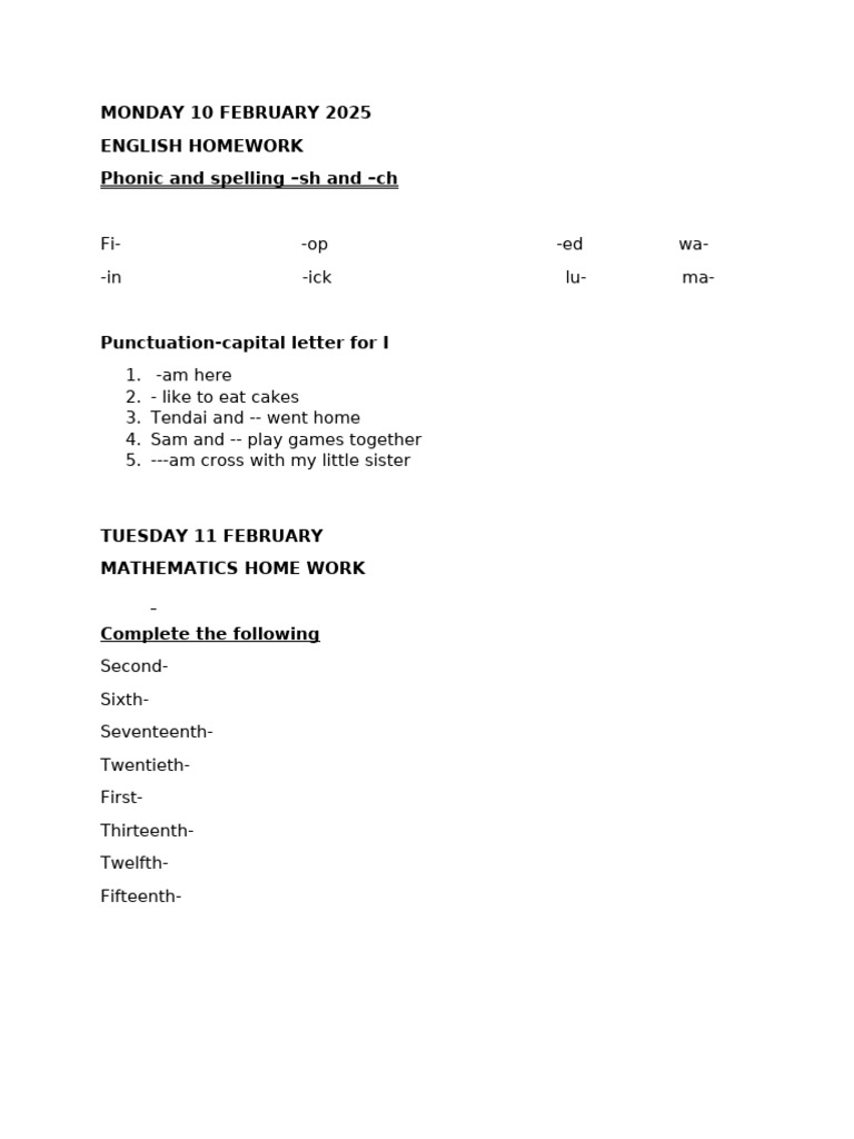 Monday 10 February 2025 Grade 2 Homework | PDF