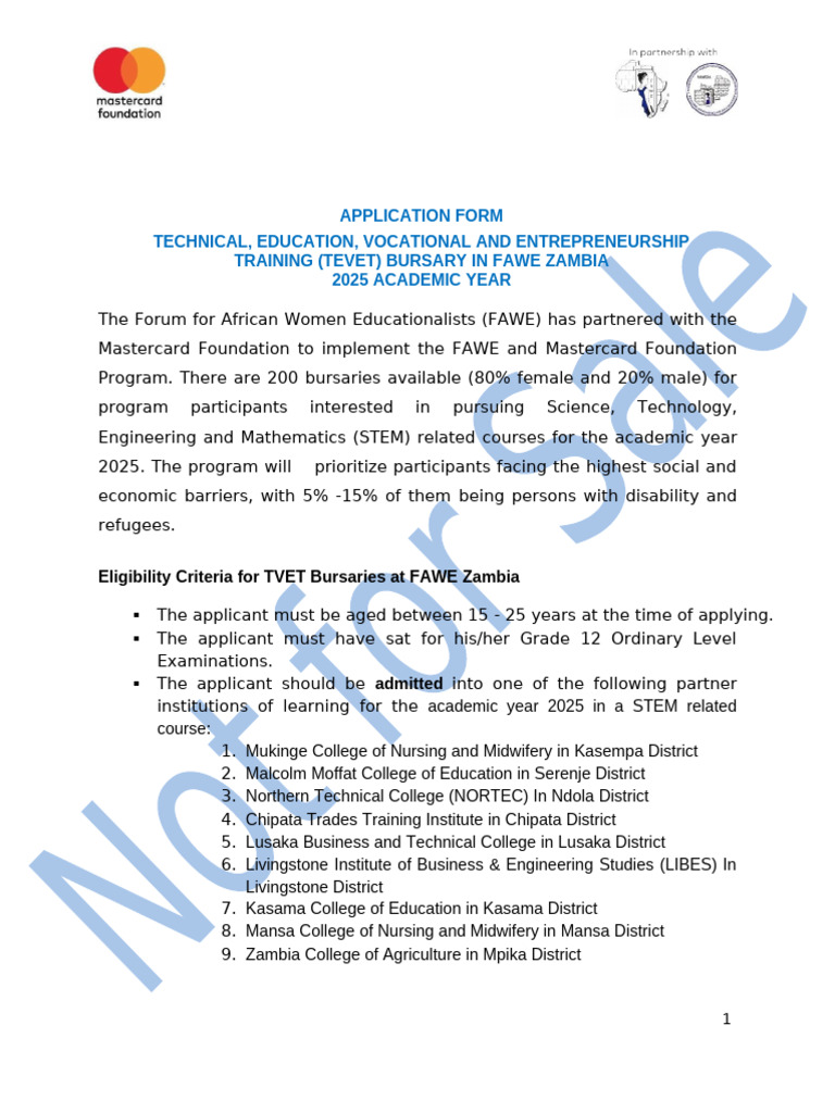 FAWE Zambia TVET Bursary Application 2025 | PDF | Vocational Education
