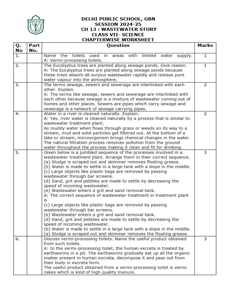 Wastewater Treatment Worksheet for Class 7 | PDF | Sewage Treatment ...