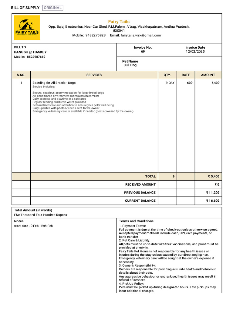 Dog Boarding Invoice - Fairy Tails | PDF | Pet | Payments