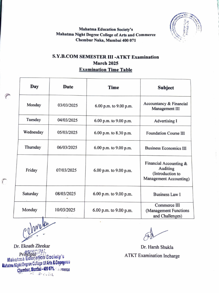 Sem I & Sem III Atkt Exam Time Table March 2025-1 | PDF | Economies ...