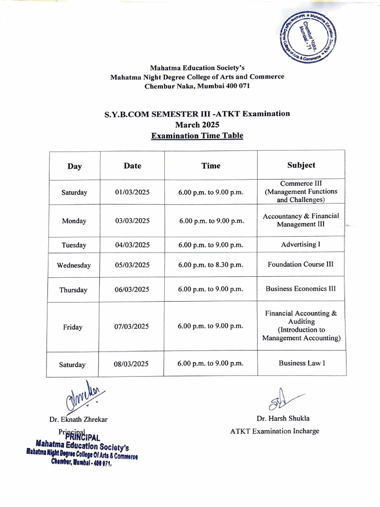 Sem I & Sem III Atkt Exam Time Table March 2025 | PDF