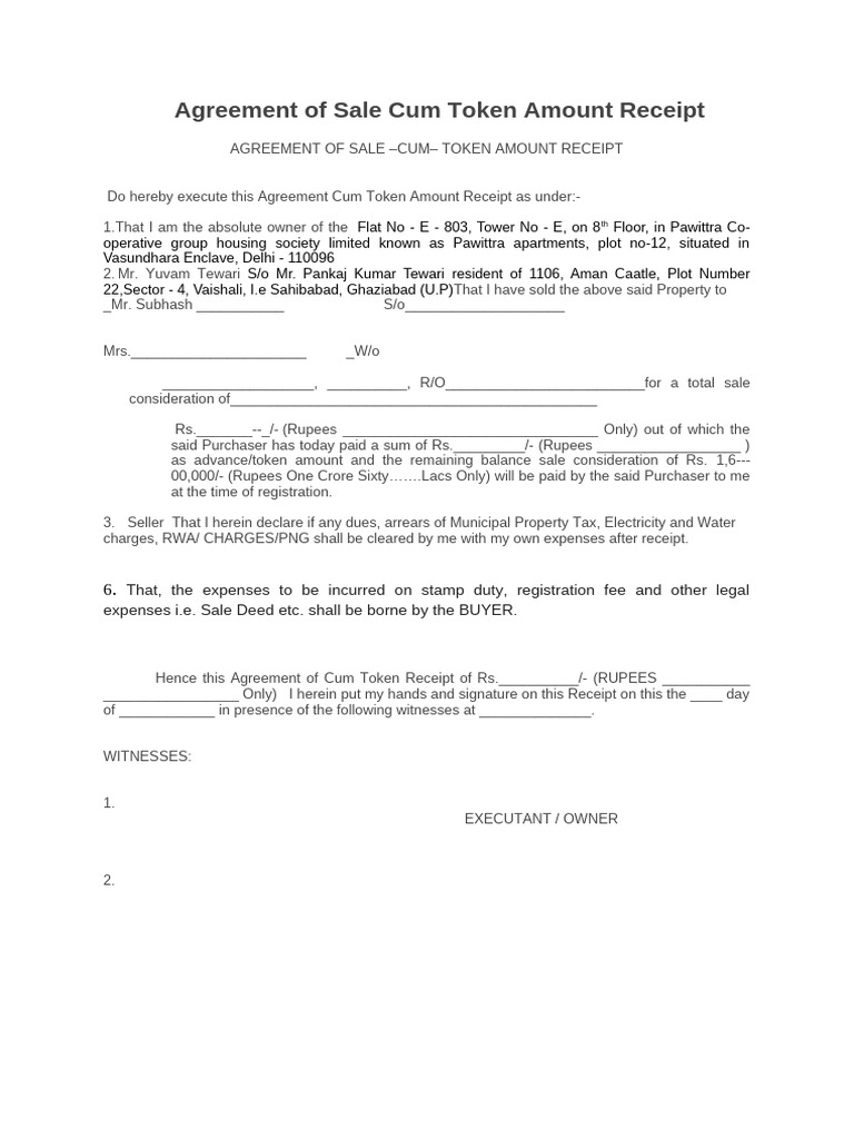 Agreement of Sale Cum Token Amount Receipt | PDF