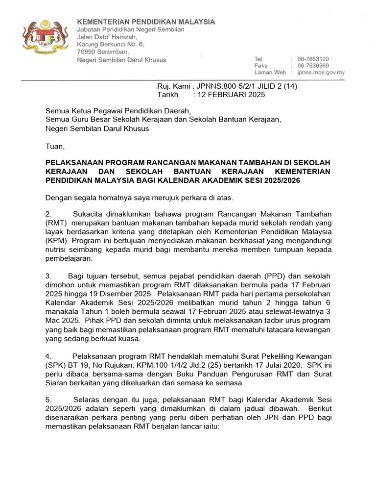 Surat Pelaksanaan RMT 2025 | PDF