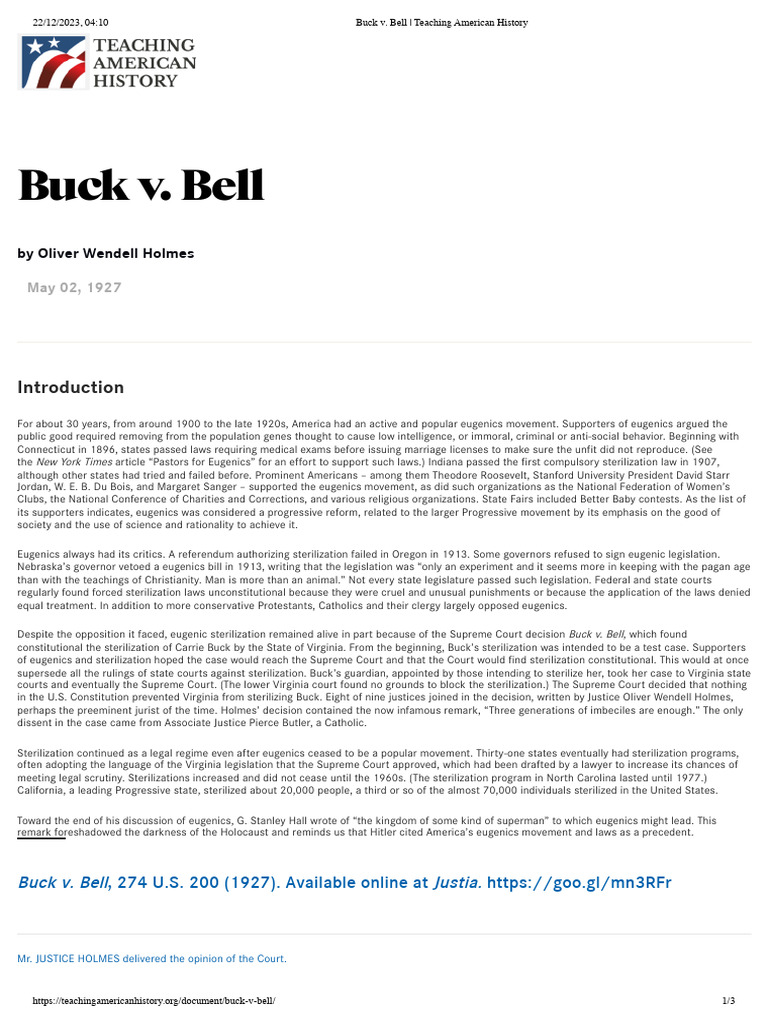 1927 Buck v. Bell (Case On Sexual Sterilization, Eugenics Crusades ...