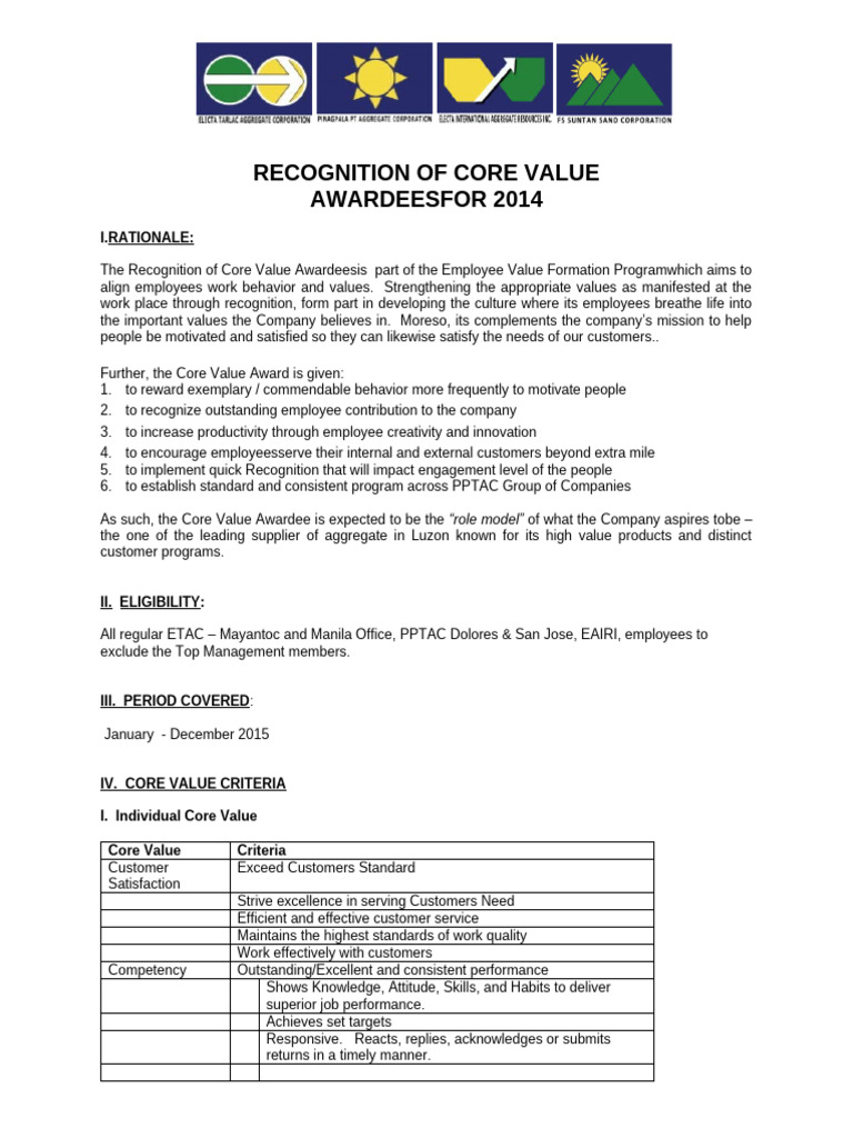 2014 Core Value Award Recognition Guide | PDF | Social Psychology ...