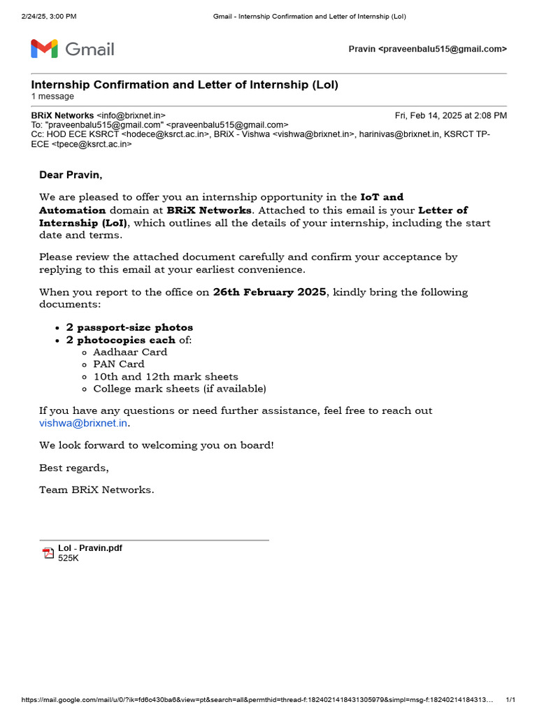 Gmail - Internship Confirmation and Letter of Internship (LoI) | PDF