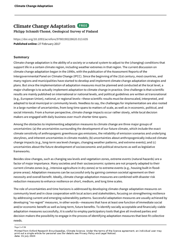 Climate Change Adaptation - From Oxford Research Encyclopedia of ...