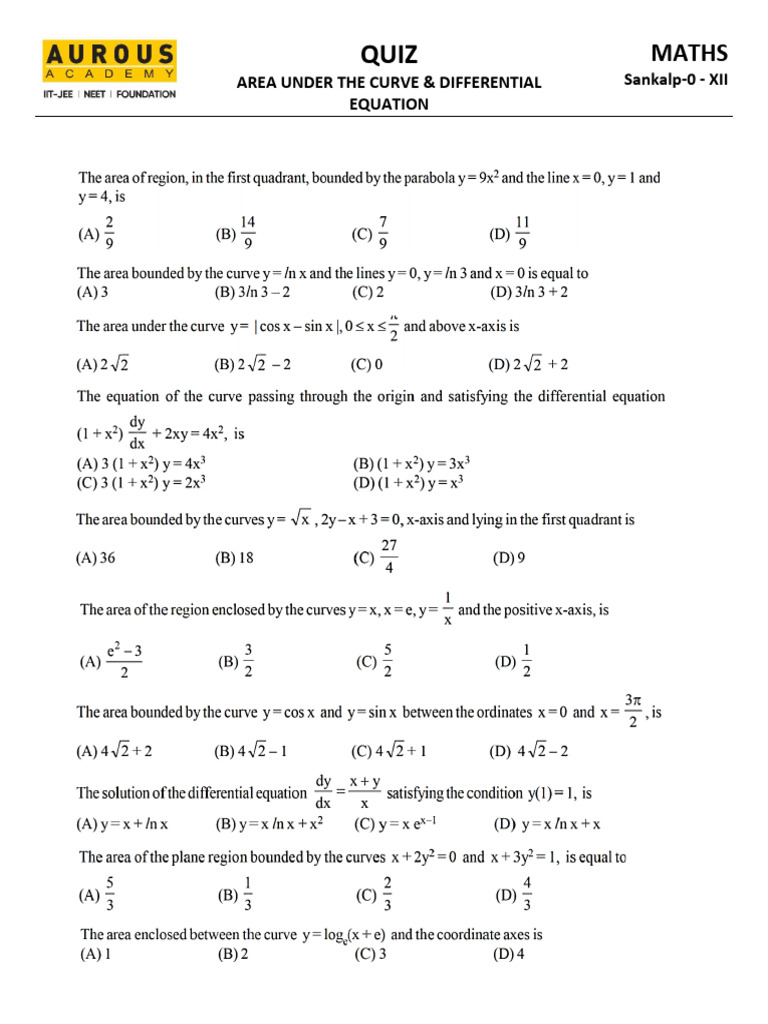Area Under Curve & Differential Equations Quiz | PDF