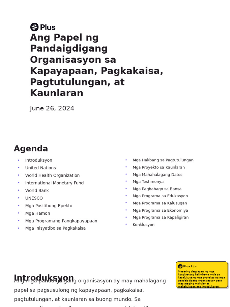AP 8 Q4 6 WK8 Ang Papel ng Pandaigdigang Organisasyon sa Kapayapaan, Pagkakaisa, Pagtutulungan ...