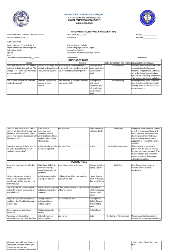 Nurse Patient Interaction (NPI) Activity Sheet Sample | PDF