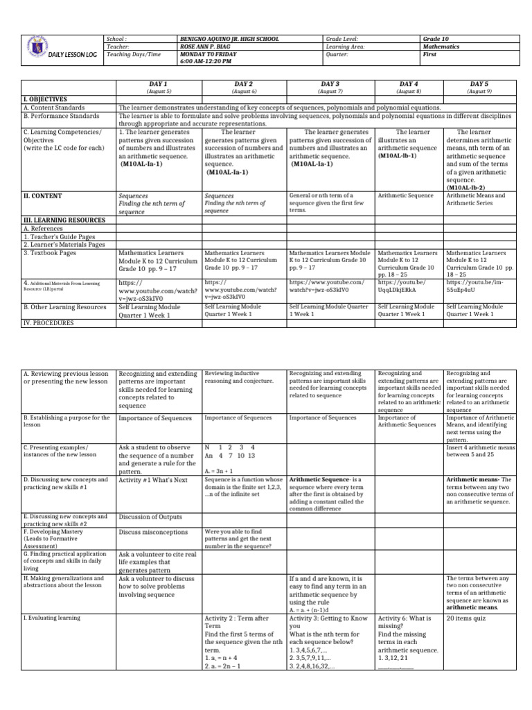 Grade 10 Math Lesson Plan | PDF | Mathematics | Sequence