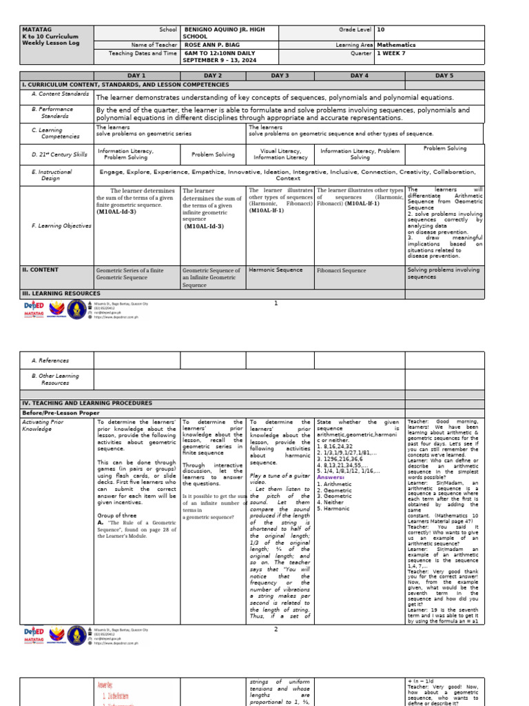 LE G10 Mathematics Q1 W6 | PDF | Learning | Sequence