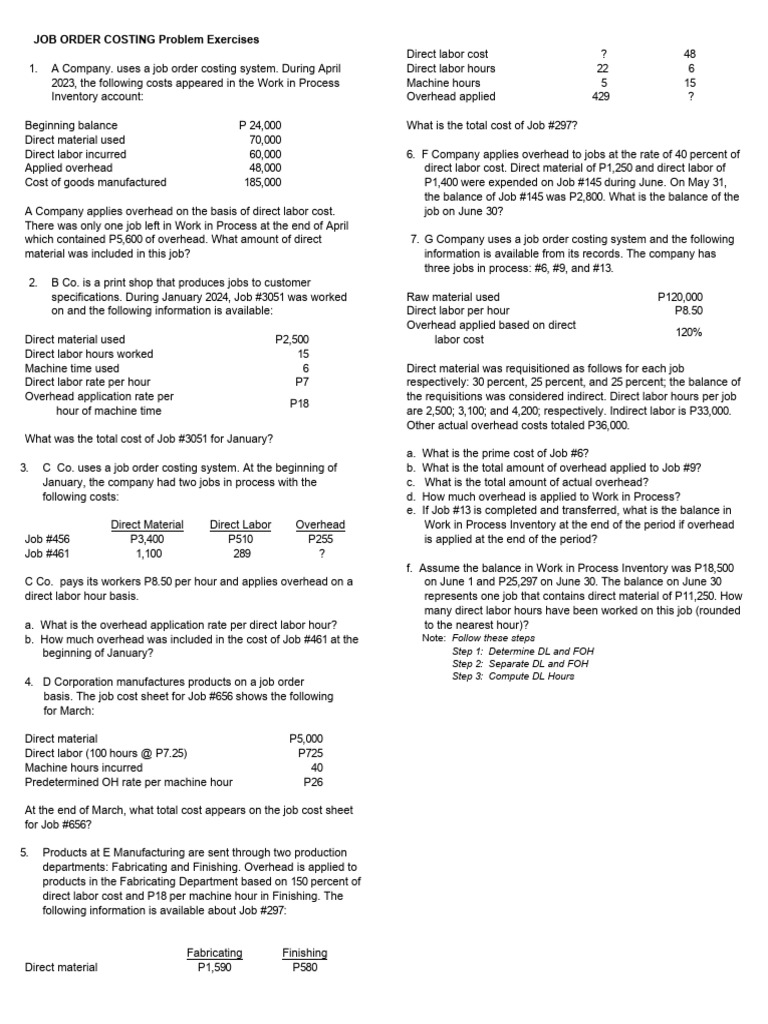 Job Order Costing Problem Exercises2 | PDF | Cost | Accounting