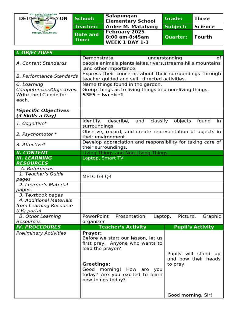 Grade 3 Science Lesson Plan: Living vs Non-Living | PDF | Learning ...