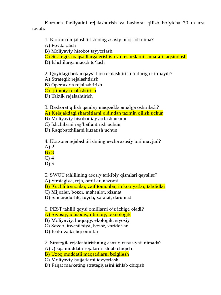 Korxona Faoliyatini Rejalashtirish Va Bashorat Qilish Bo | PDF