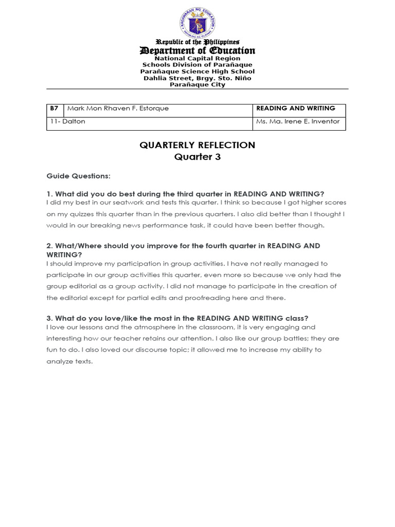 Reading & Writing Q3 Reflection | PDF