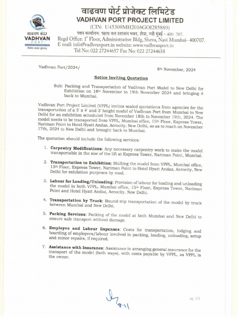 Inviting Quotation For Packing and Transportation of Vadhvan Port Model ...