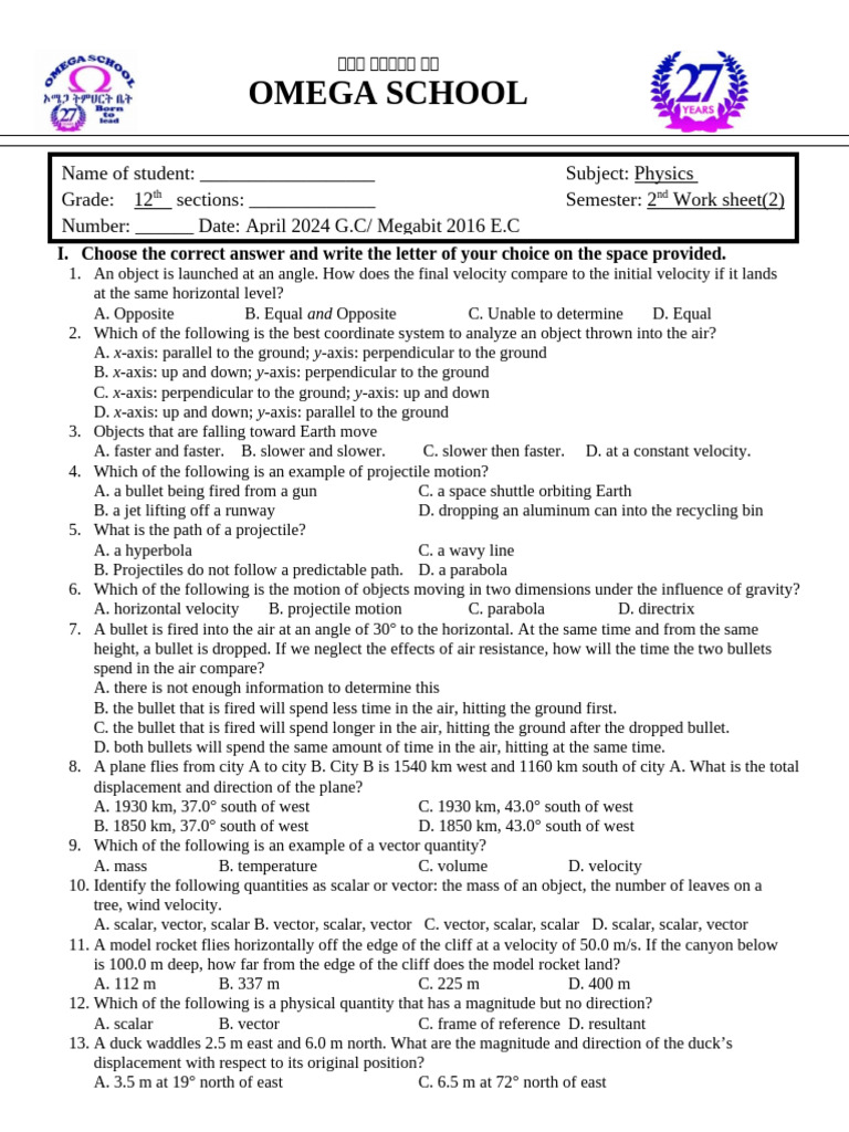 Physics Projectile Motion Quiz | PDF | Force | Rotation Around A Fixed Axis
