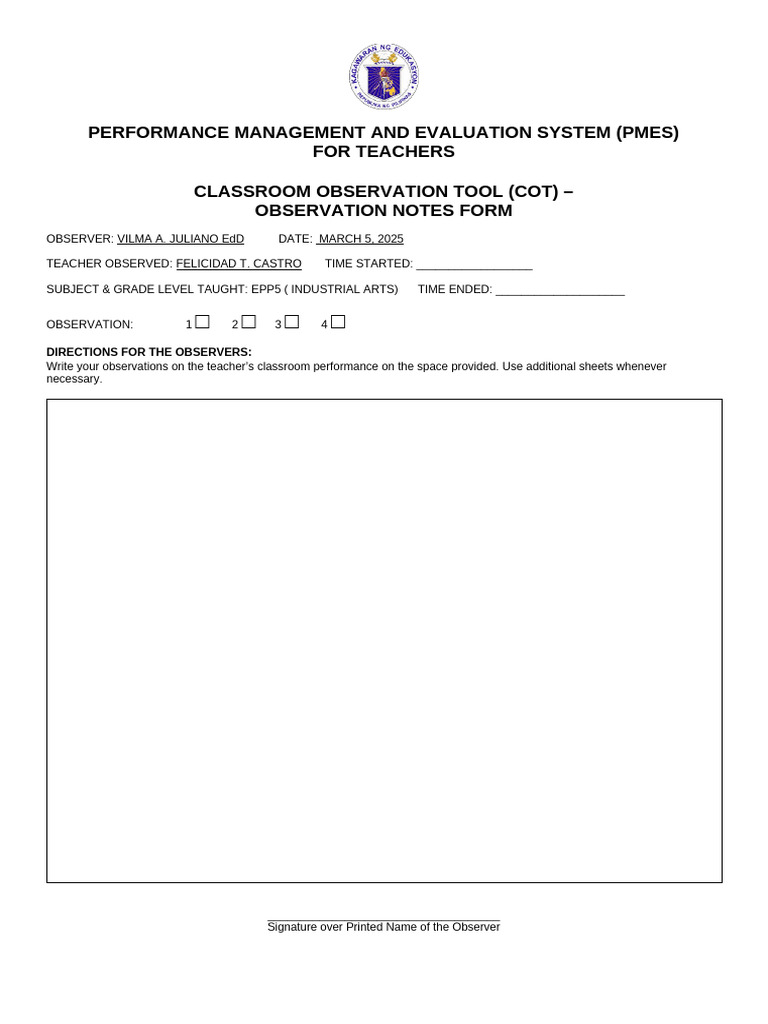 Fely COT Observation Notes Form | PDF