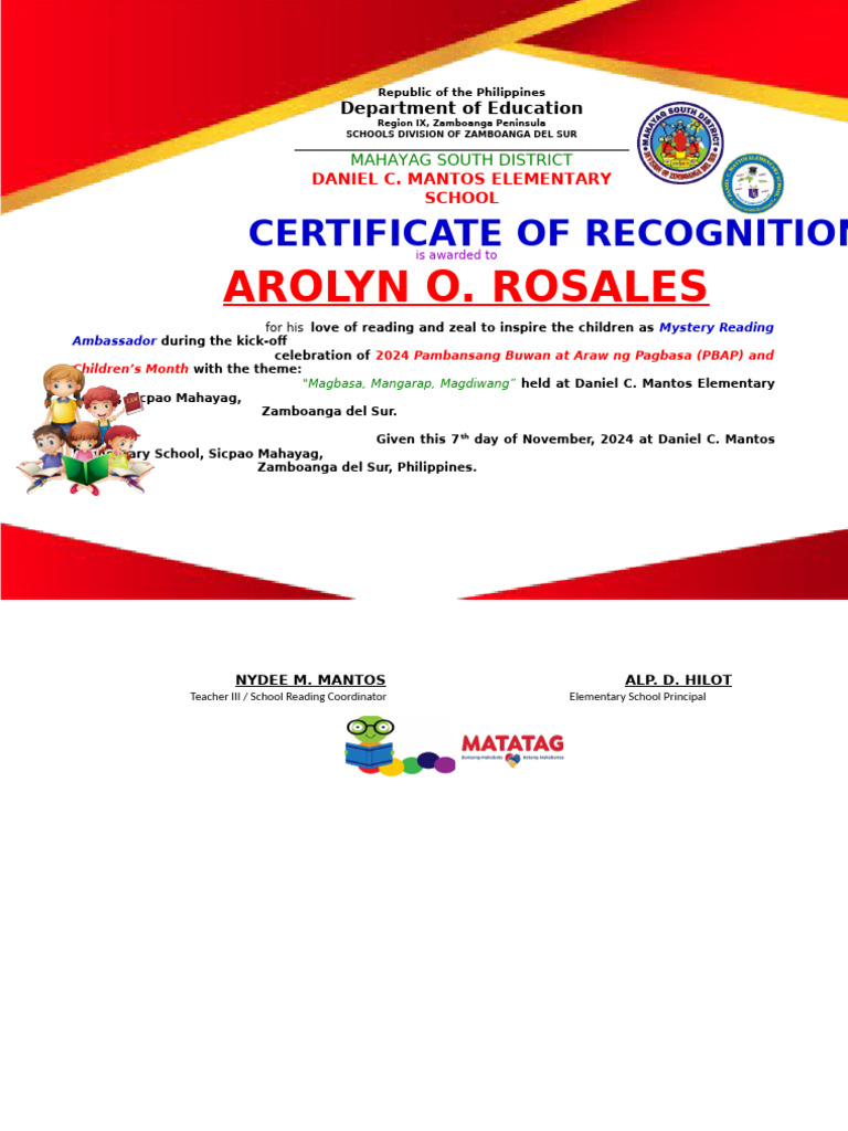 Certificate of Recognition - Mystery Reader Kick Off | PDF