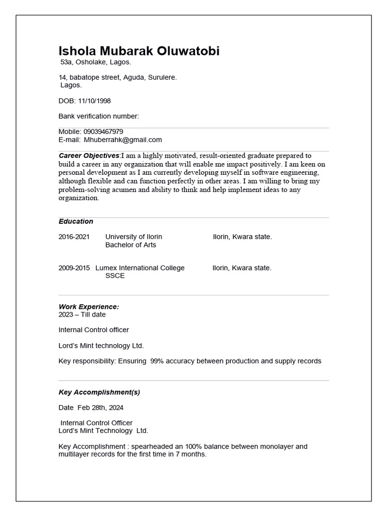 Ishola Mubarak Access Bank CV | PDF