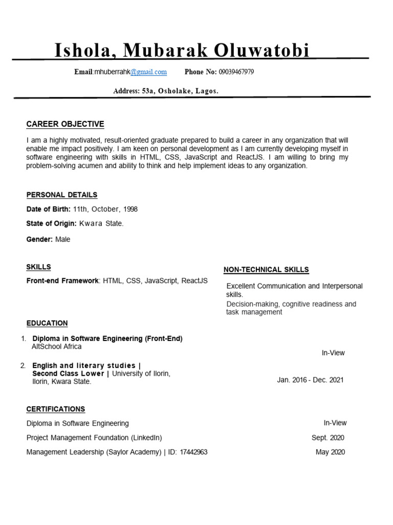 Ishola Mubarak Entry Level CV | PDF | Computing