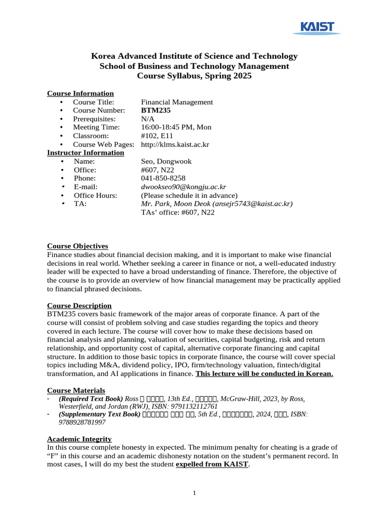 KAIST BTM235 Financial Management Syllabus | PDF | Valuation (Finance) | Academic Integrity