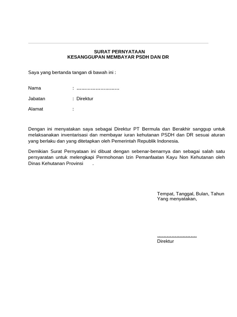 Surat Kesanggupan Membayar PSDH & DR | PDF