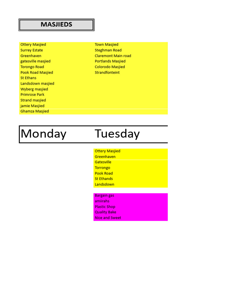 Days of the Week Columns | PDF