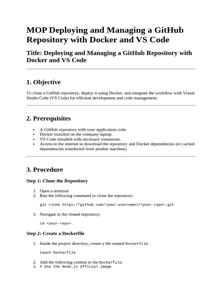 MOP Deploying and Managing a GitHub Repository With Docker and vs Code | PDF