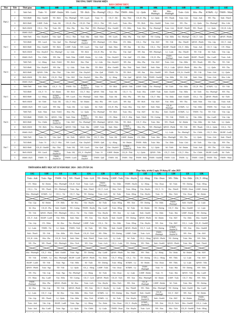 11. TKB HKII năm học 2024 2025 BẢN CHÍNH THỨC Thực hiện từ TUAN 25 ngày 24.02.2025 | PDF