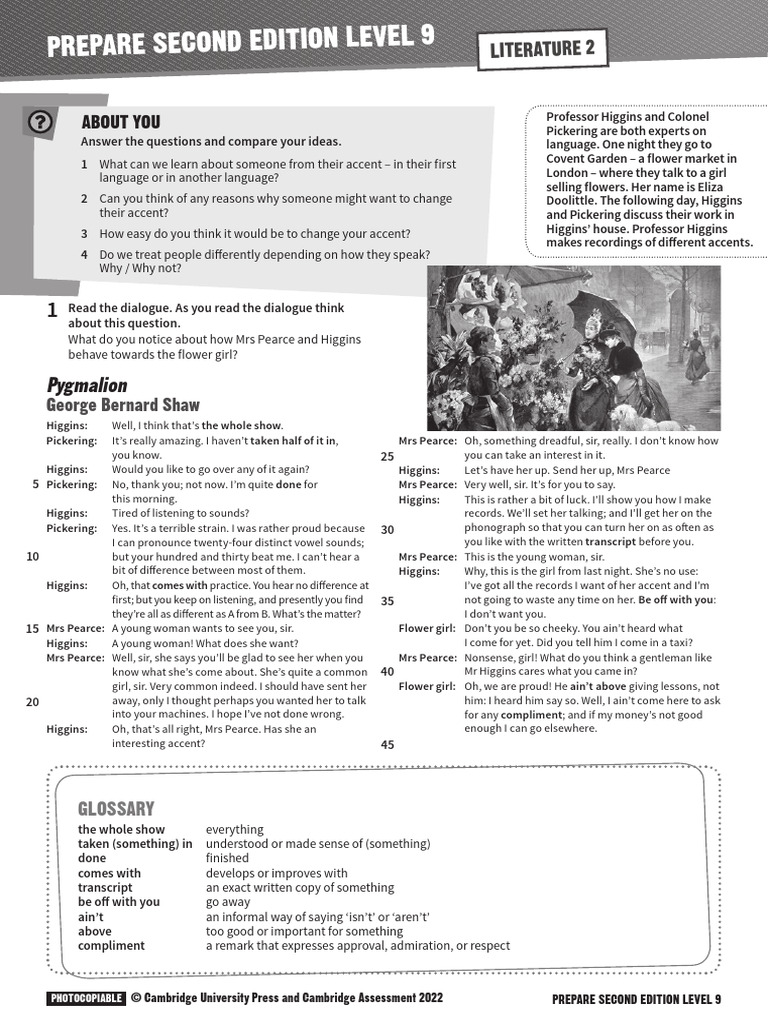 PREPARE L9 Literature Worksheet 02 | PDF | Pygmalion (Play)